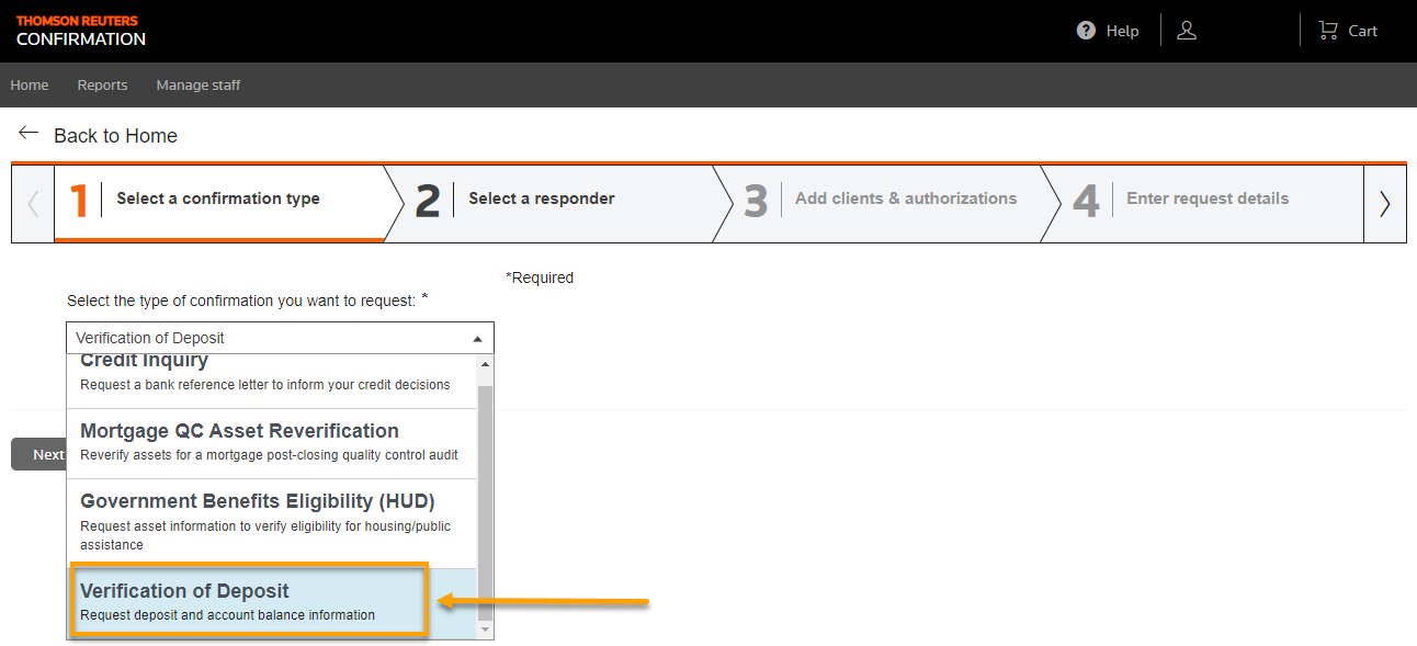 Send a Verification of Deposit request