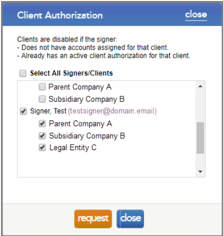 Client Authorization for Multiple Legal Entities