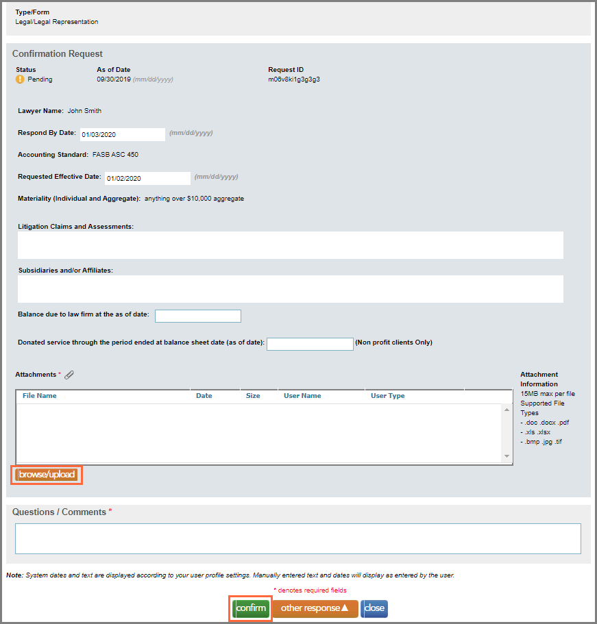 (Law Firms) How do I retrieve and respond to a legal confirmation request?